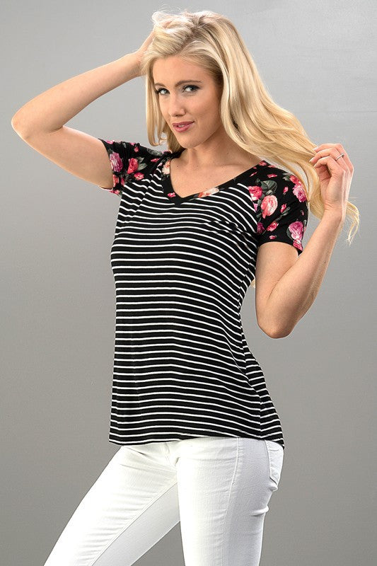 Black Striped Floral Sleeve Top